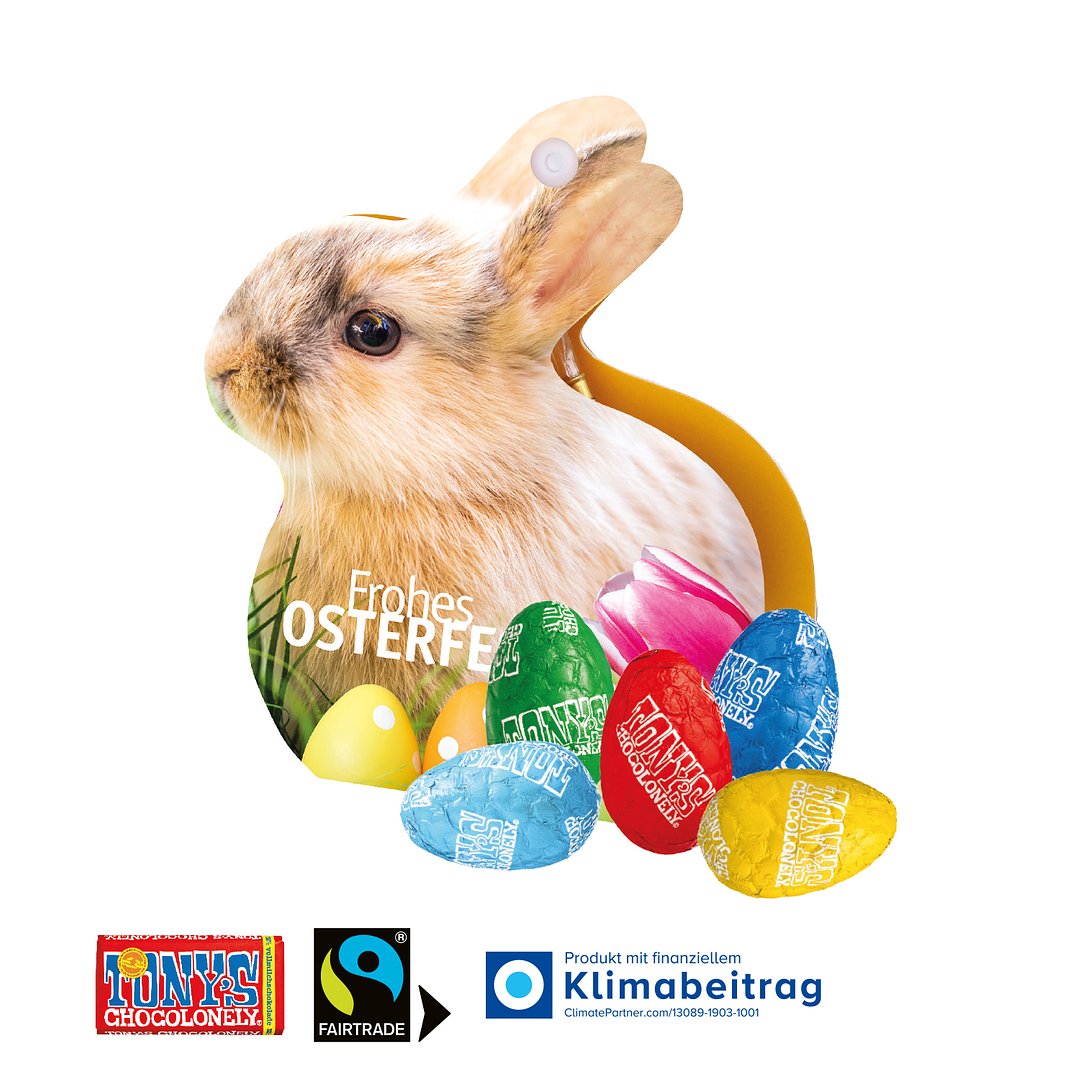 Werbe-Hase mit Tony´s Chocolonely Ostereier - Druckidee